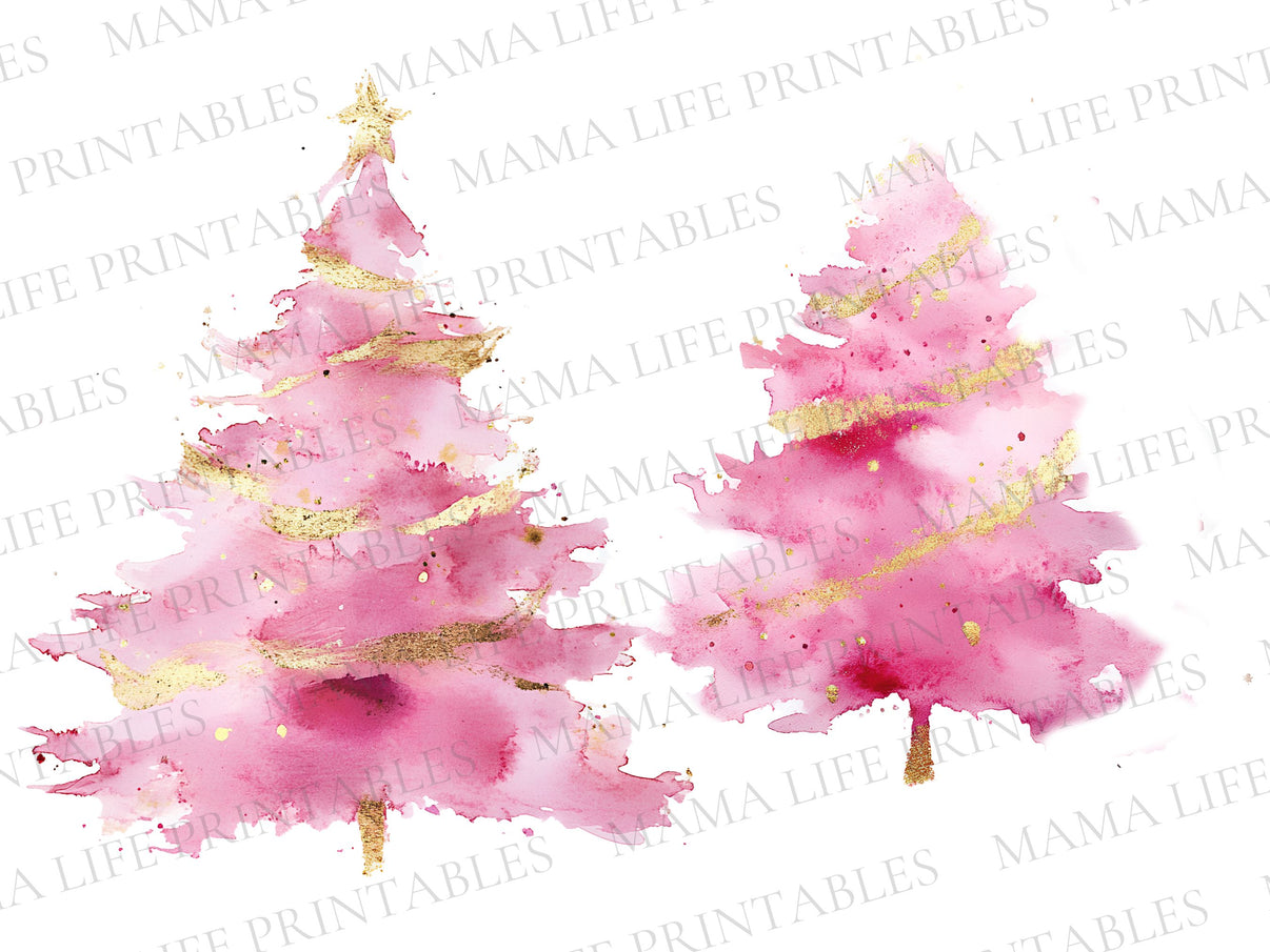 Watercolor Pink Christmas Trees Clipart – Mama Life Printables